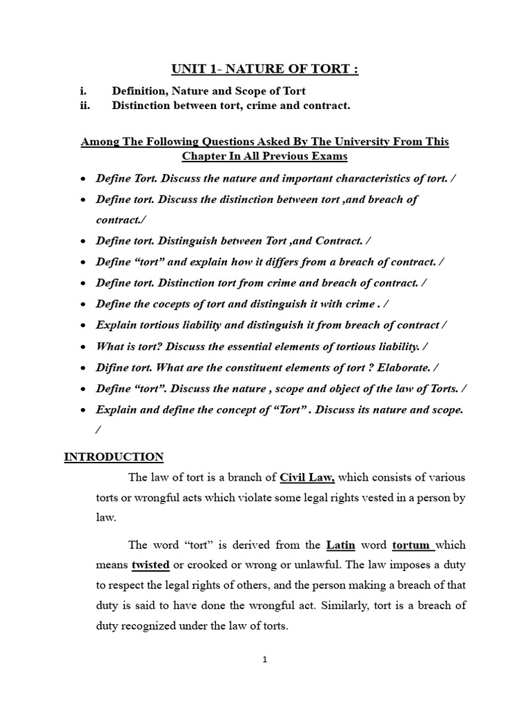 1 Tort UNIT-1 Nature of Tort | PDF