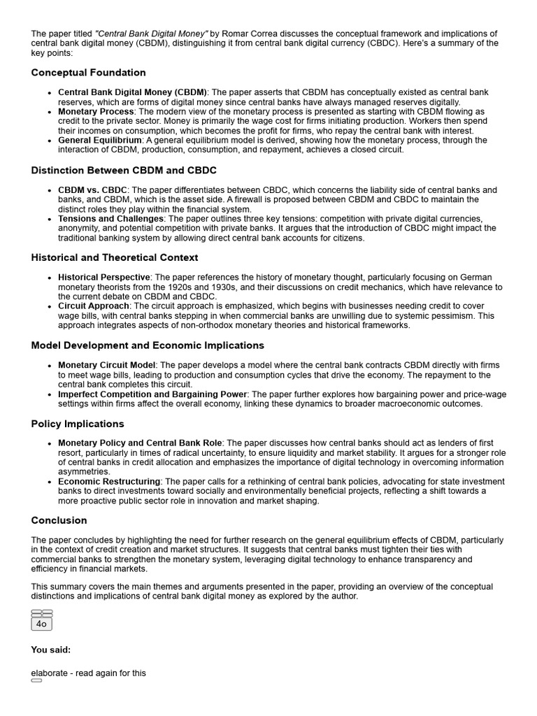 Central Bank Digital Money Discussion | PDF