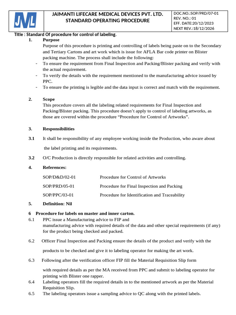 SOP.07 SOP For Control of Labeling | PDF