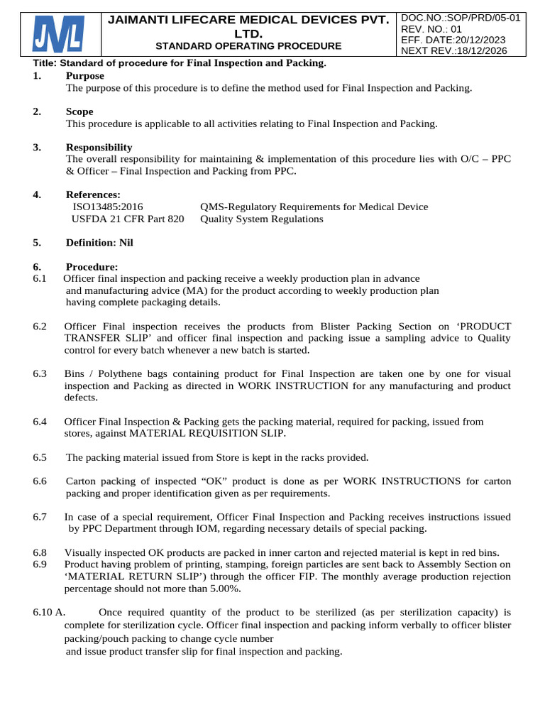 SOP.05 Procedure For FIP | PDF