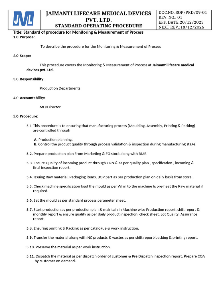 SOP.09 Monitoring & Measurement of Process | PDF