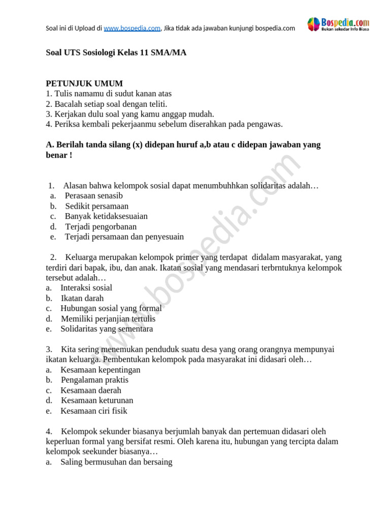 35+ Contoh Soal UTS Sosiologi Kelas 11 SMA MA Semester Genap | PDF