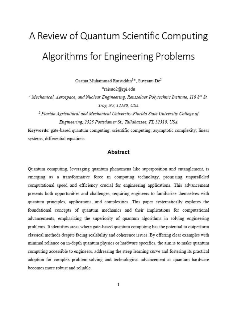 A Review of Quantum Scientific Computing Algorithms For Engineering Problems | PDF