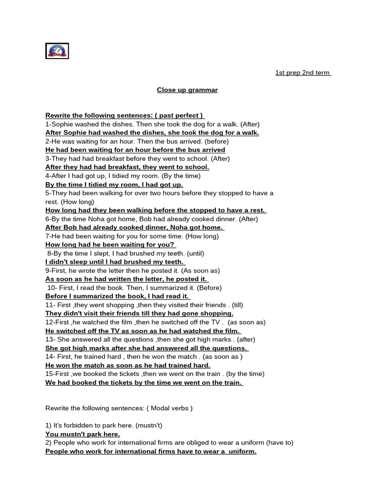 1st Prep Close Up Grammar Model Answers | PDF