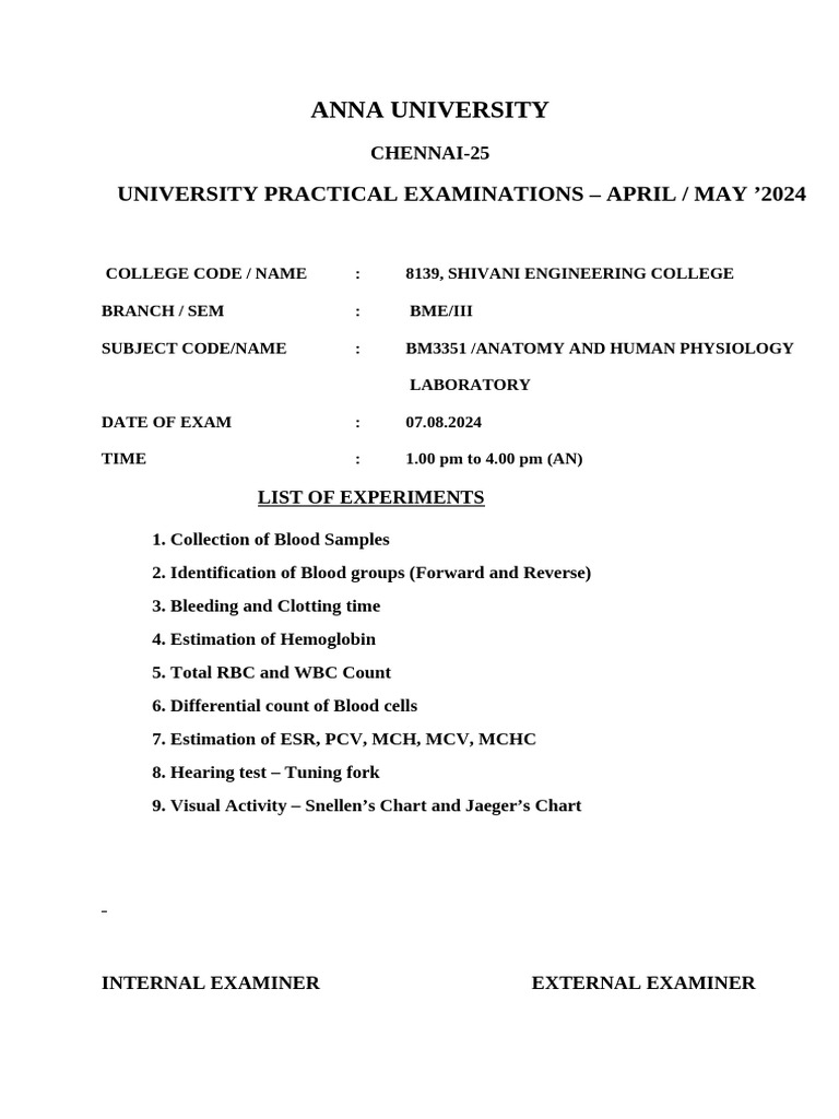 Anna University: University Practical Examinations - April / May '2024 ...
