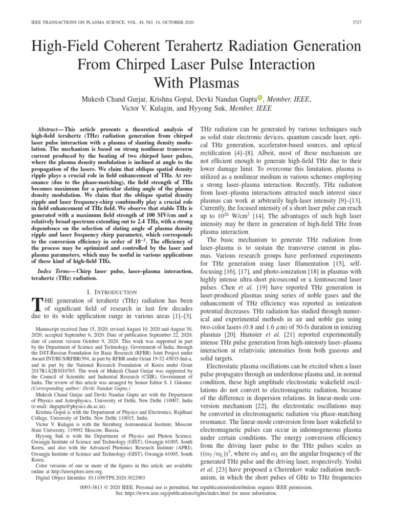 High-Field Coherent Terahertz Radiation Generation From Chirped Laser Pulse Interaction With ...