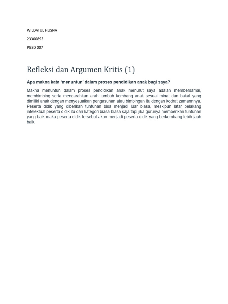Refleksi Dan Argumen Kritis (1) - WILDATUL HUSNA | PDF
