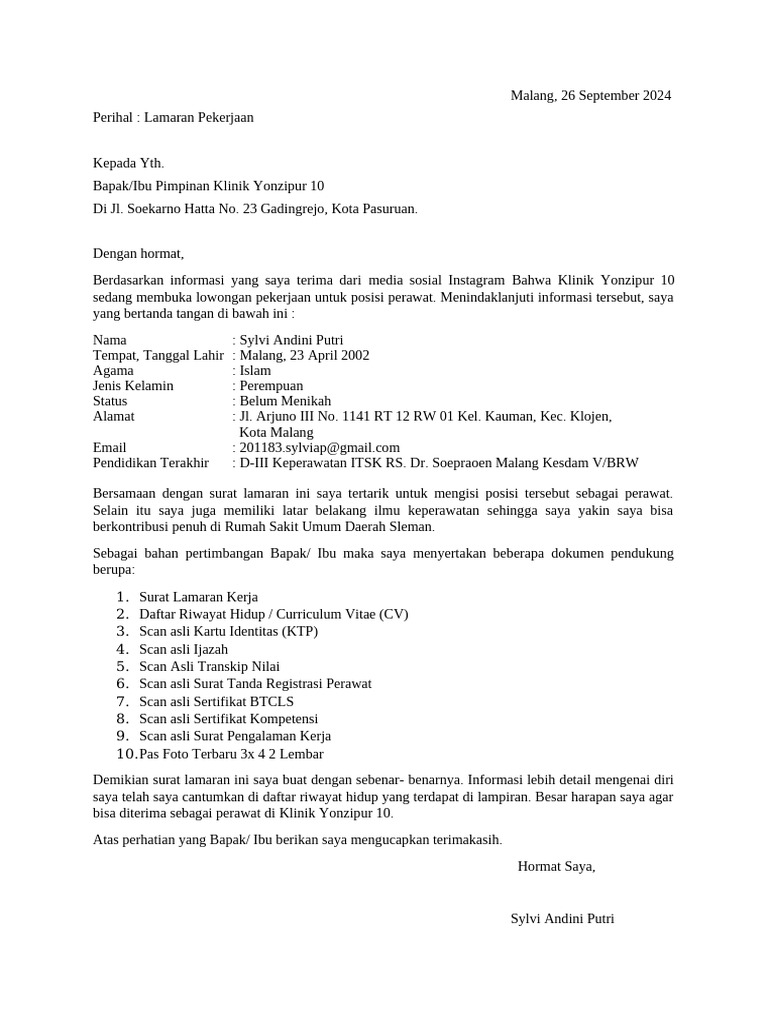 Contoh Surat Lamaran Kerja Perawat | PDF