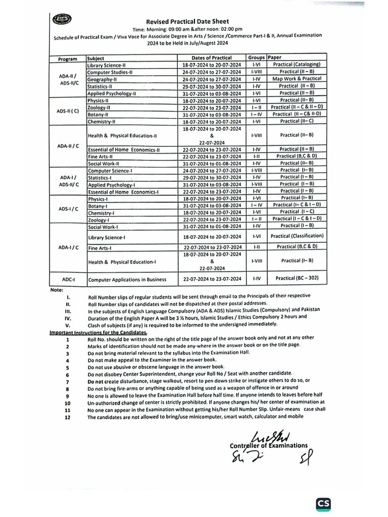 Revised Practical Date Sheet Ada Ads Adc 1st 2024 - 1719918056 | PDF