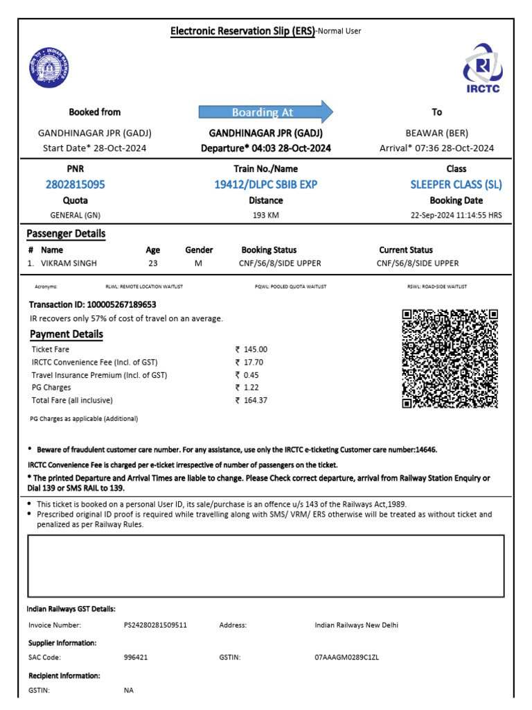 19412/Dlpc Sbib Exp Sleeper Class (SL) | PDF