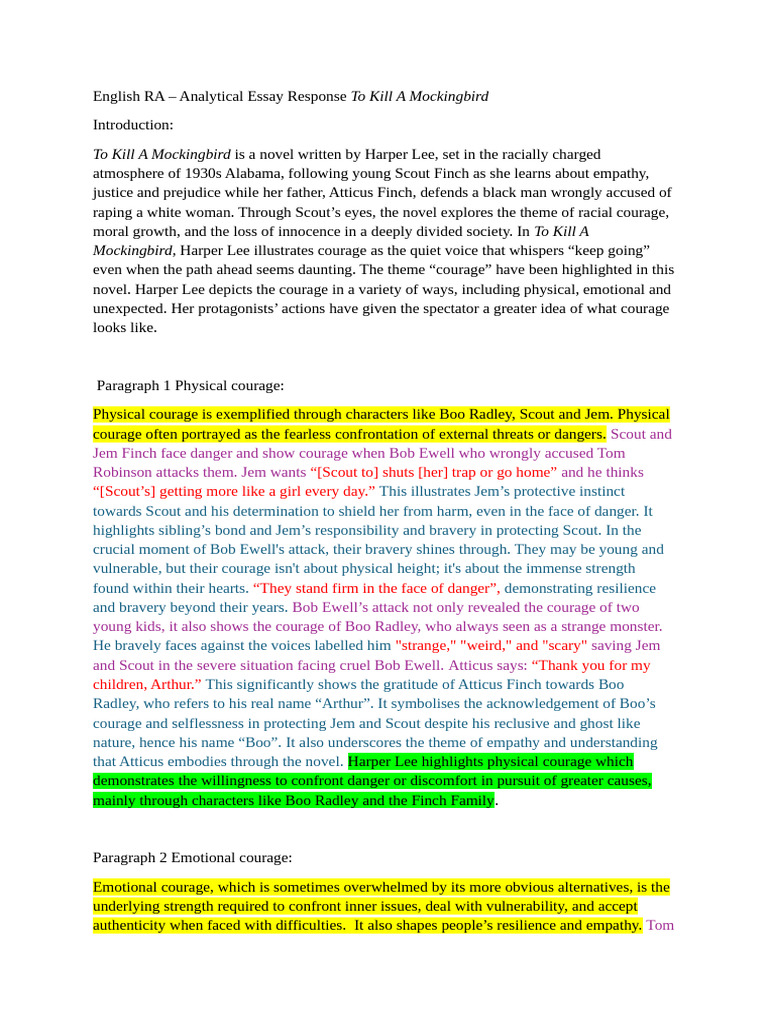 Analytical Essay Response "To Kill A Mockingbird" | PDF