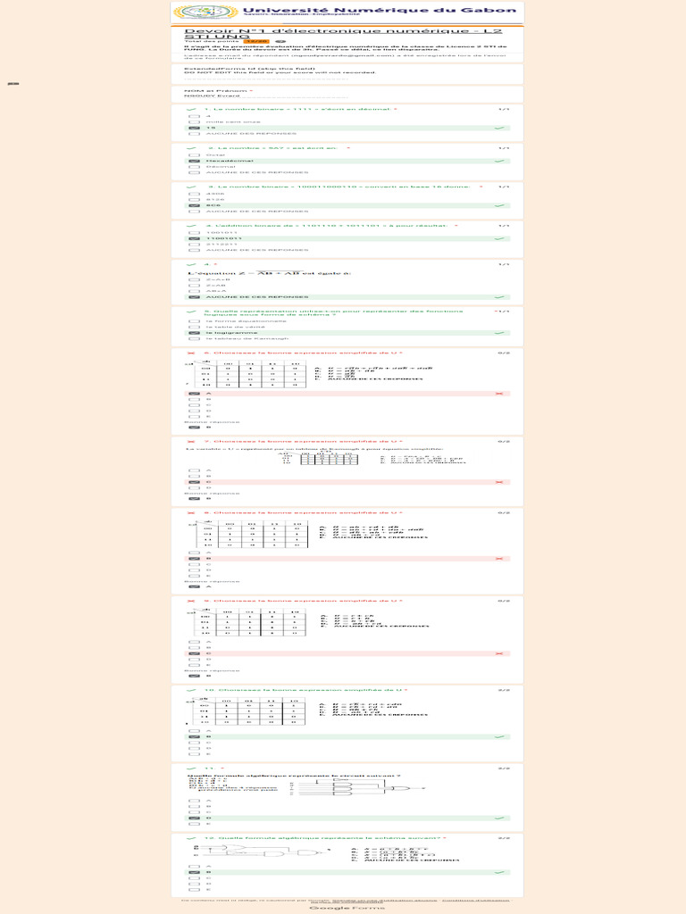 Devoir N°1 D'électronique Numérique - L2 STI UNG | PDF