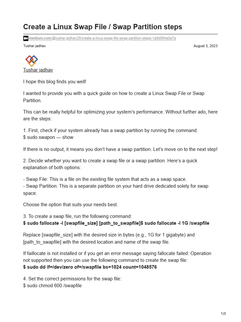 Create A Linux Swap File Swap Partition Steps | PDF