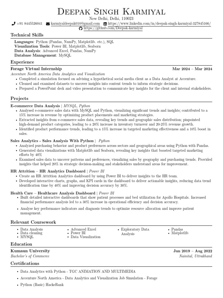 Deepak Singh Data Analyst Fresher 2024 | PDF