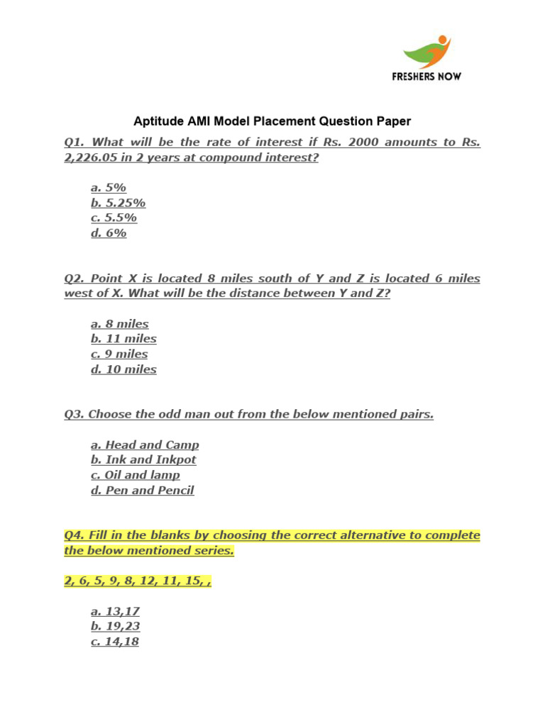 Aptitude AMI Model Placement Question Paper | PDF