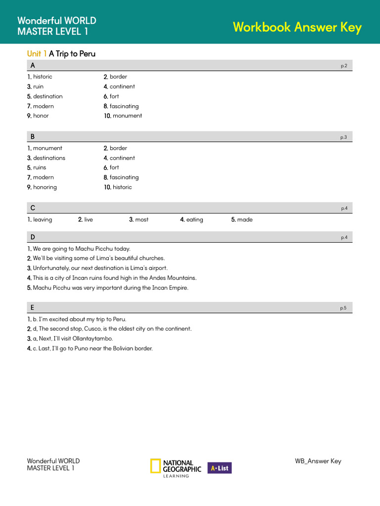 WW - Master - L1 - WB - Answer Key | PDF