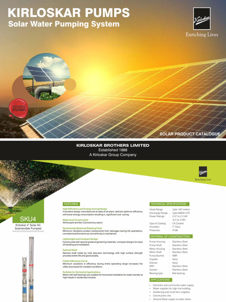 Solar Pumpset Product Catalogue | PDF | Pump | Electric Motor