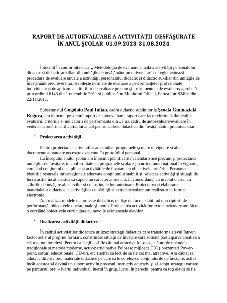 Raport Bun Autoevaluare-Profesor Gogoloiu | PDF