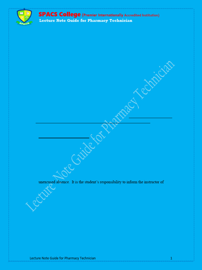 Lecture Note Guide Pharmacy Technician Aug - Dec 2024 | PDF