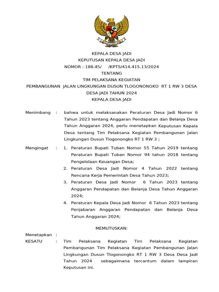 Keputusan Kepala Desa Tentang TPK Jalan Lingkungan RT 1 RW 3 2024 | PDF