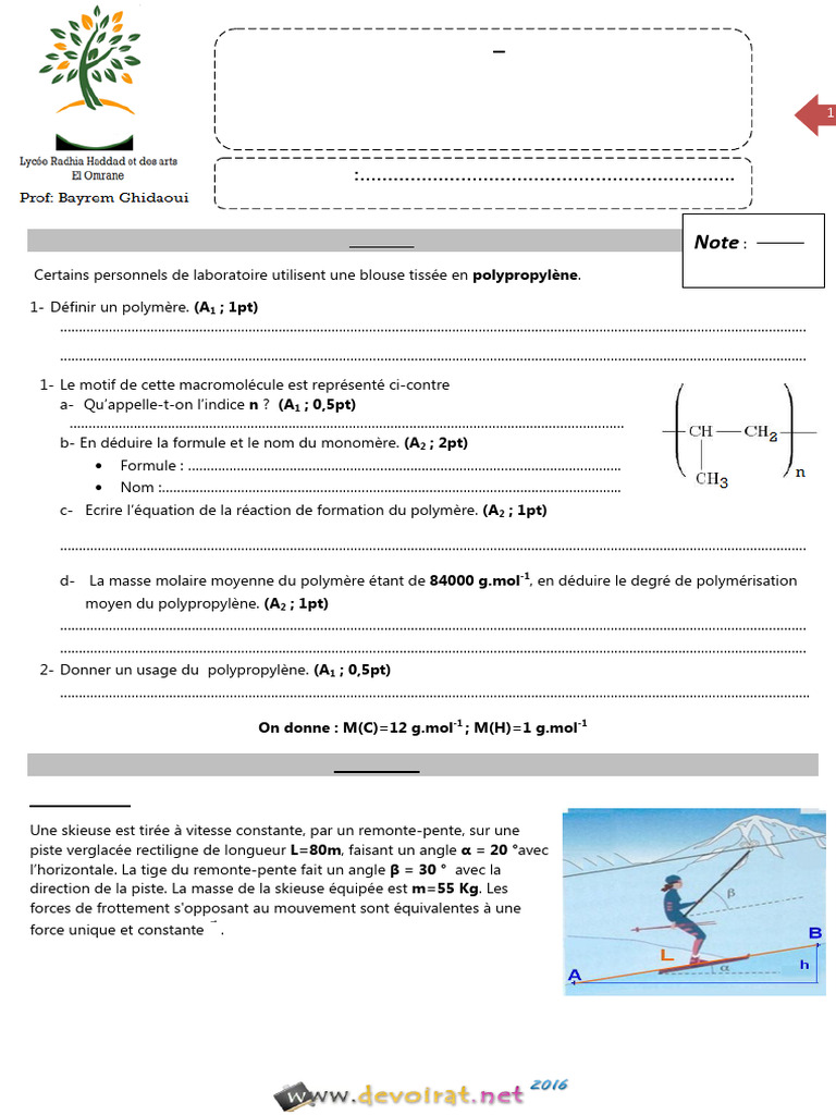 Devoir de Synthèse N°3 - Sciences Physiques - 2ème Informatique (2015-2016) MR Ghidaoui Bayrem | PDF