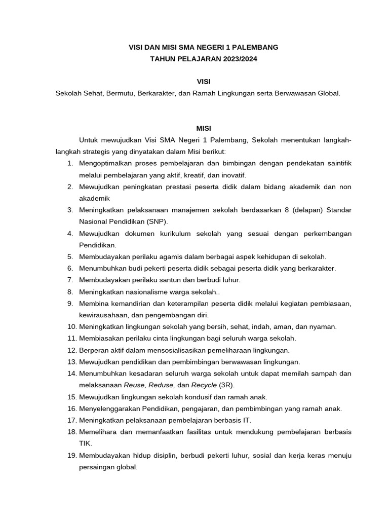 Visi Misi SMA Negeri 1 PLG - OK | PDF