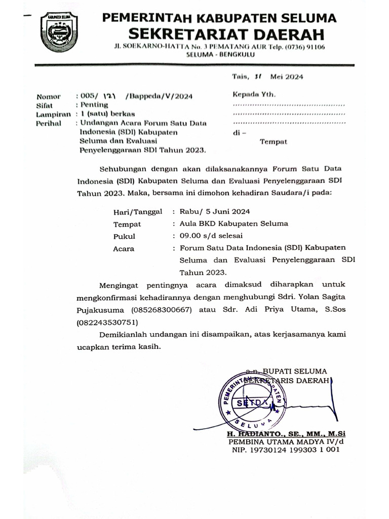Surat Undangan Acara Forum Satu Data Indonesia Kabupaten Seluma Dan ...