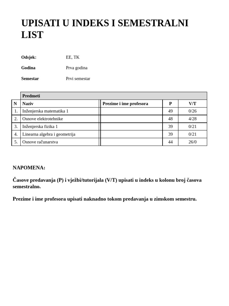 Uputstvo Za Popunjavanje Indeksa I Semestralnog ListaI Ciklus-EE-TK 2 | PDF