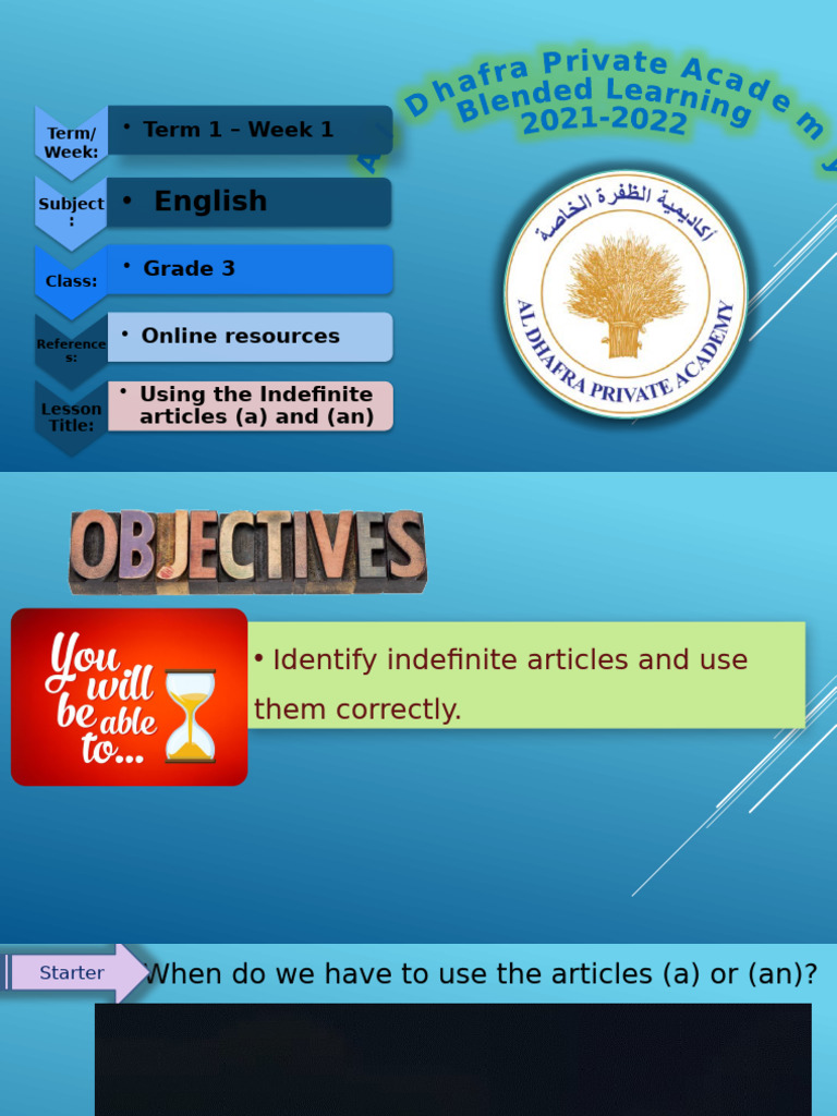 English - Day 3-Week 1 - Indefinite Articles - A and An | PDF
