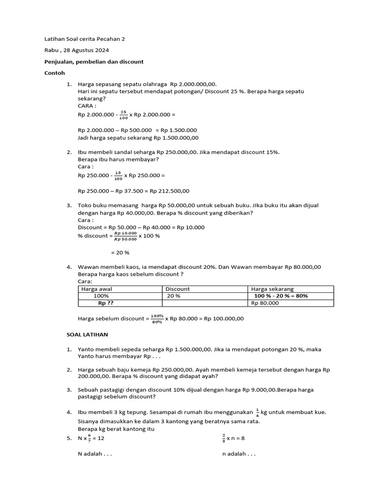 Latihan Soal Cerita Pecahan 2, Rabu 28 Agus | PDF