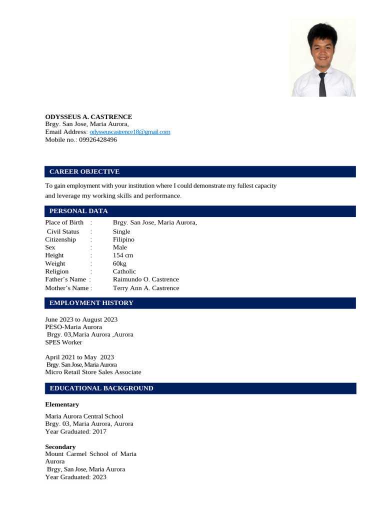 Odysseus Castrence Resume Summary | PDF