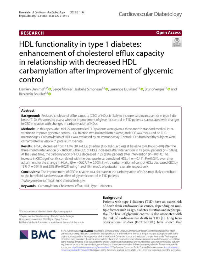 HDL Functionality in Type 1 Diabetes | PDF | High Density Lipoprotein ...