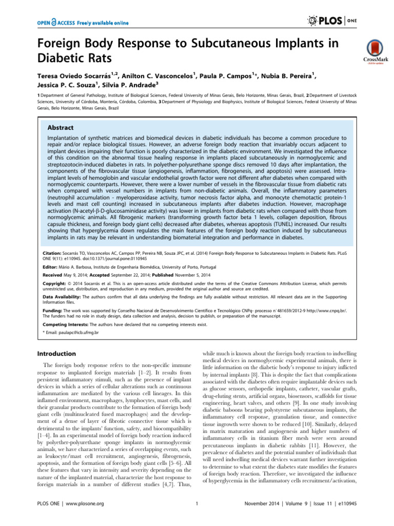 Foreign Body Response To Subcutaneous Implants in Diabetic Rats | PDF ...