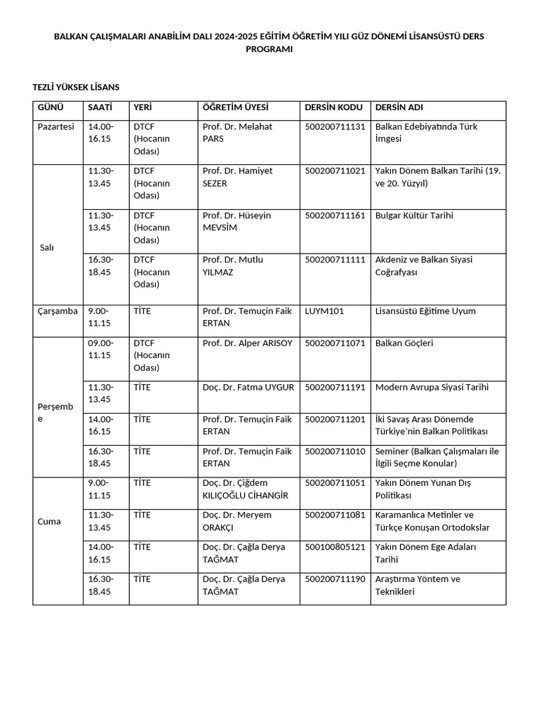 2024 2025 Guz Ders Programi Balkan C 2 | PDF