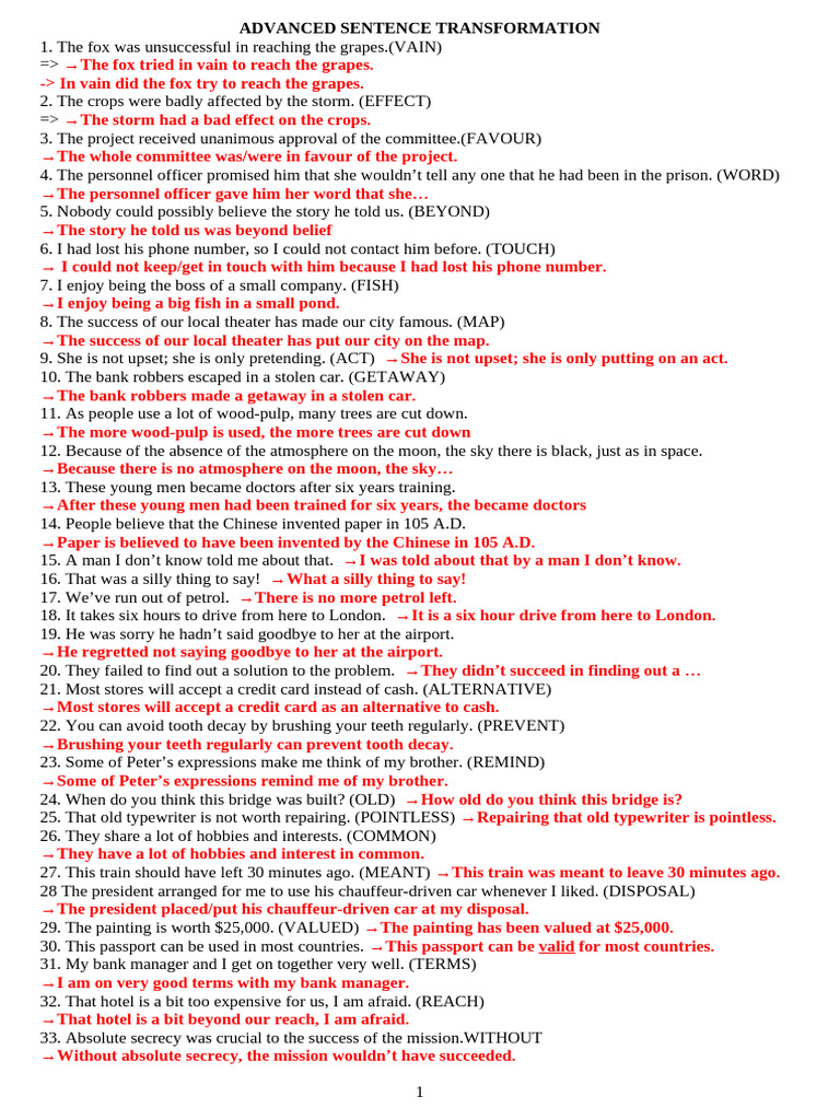 Bai Tap Viet Lai Cau Kho526 - HANDOUT | PDF