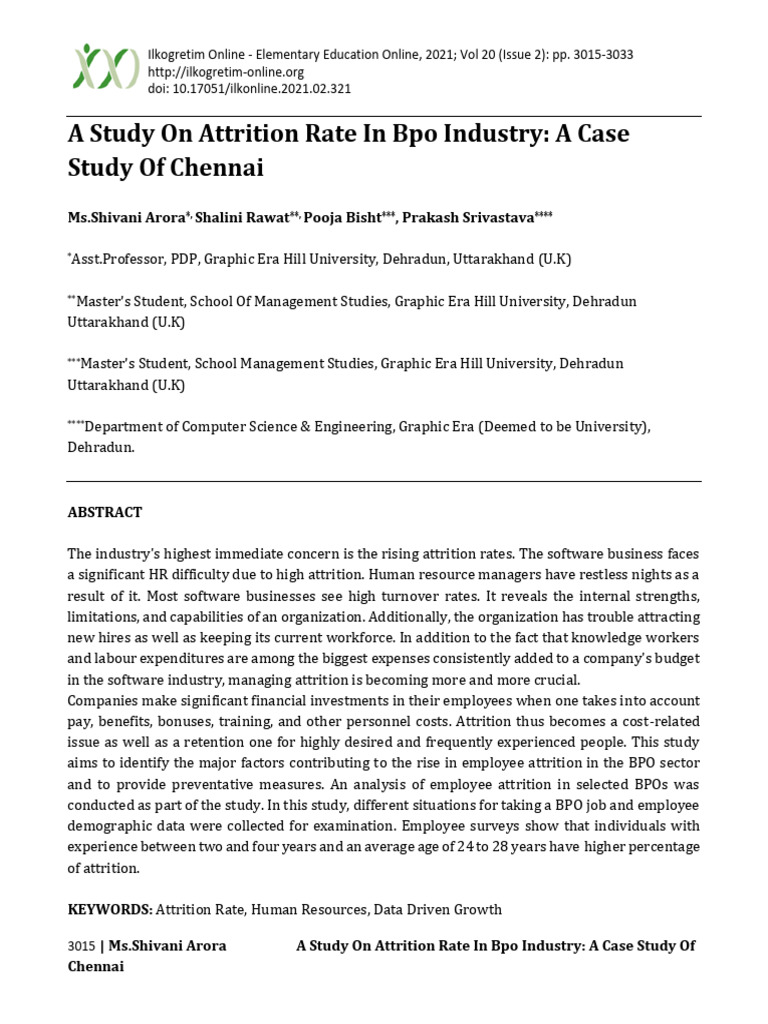 A Study On Attrition Rate in Bpo Industry: A Case Study of Chennai | PDF