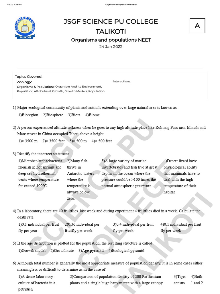 Organisms and Populations CET-1 | PDF