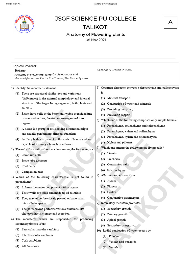 Anatomy of Flowering Plants | PDF