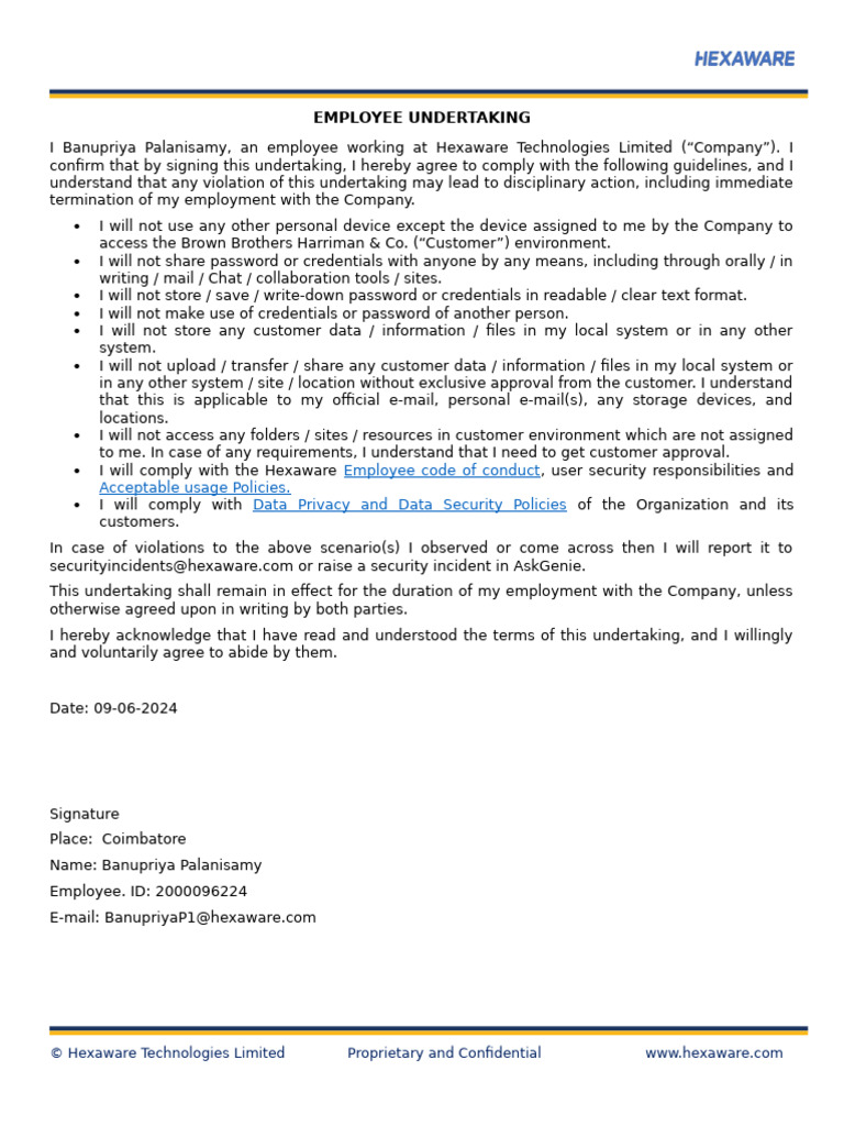 Employee Undertaking Template | PDF