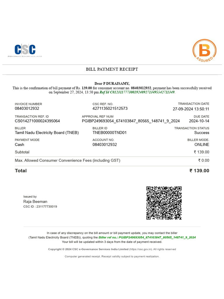 Total 139.00: Bill Payment Receipt | PDF
