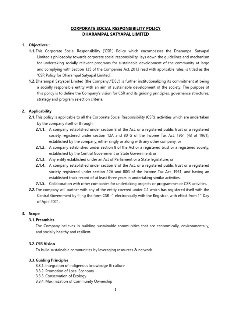 Corporate Social Responsibility Policy Dharampal Satyapal Limited | PDF ...