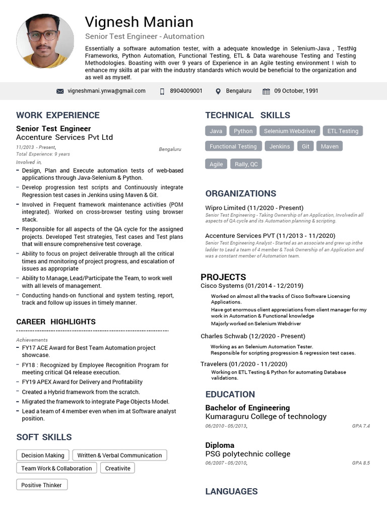 Vignesh Manian, Automation Tester, 8 Years of Experience | PDF
