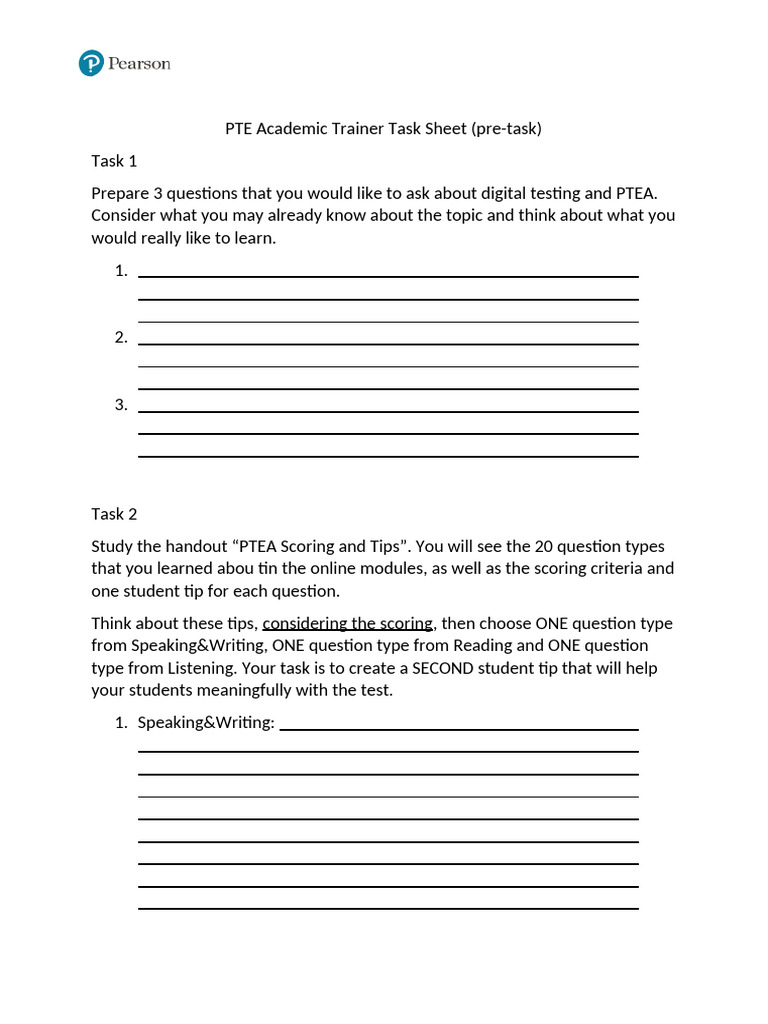PTE Academic Trainer Pre-Task Sheet | PDF