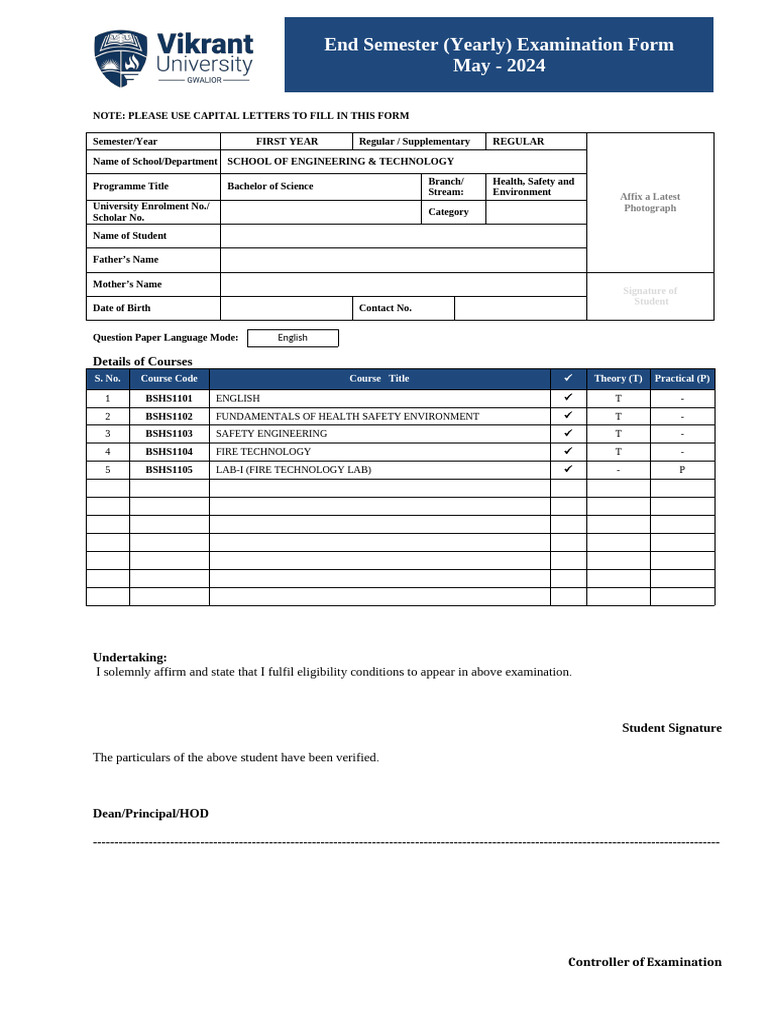 BSC (HSE) Exam Form | PDF