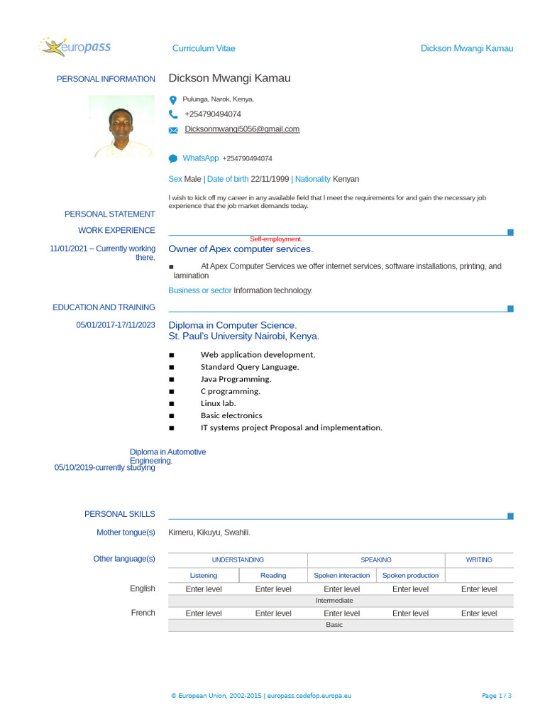 Dickson Mwangi Curriculum Vitae | PDF