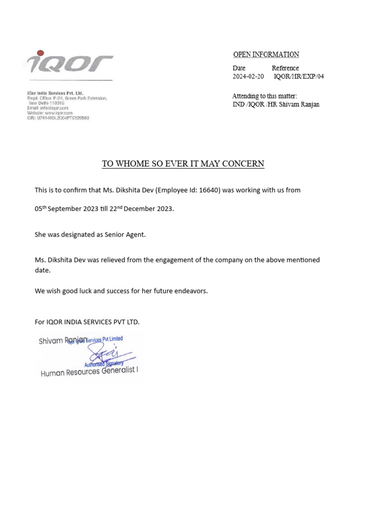 IQOR Experience and Relieving Letter | PDF