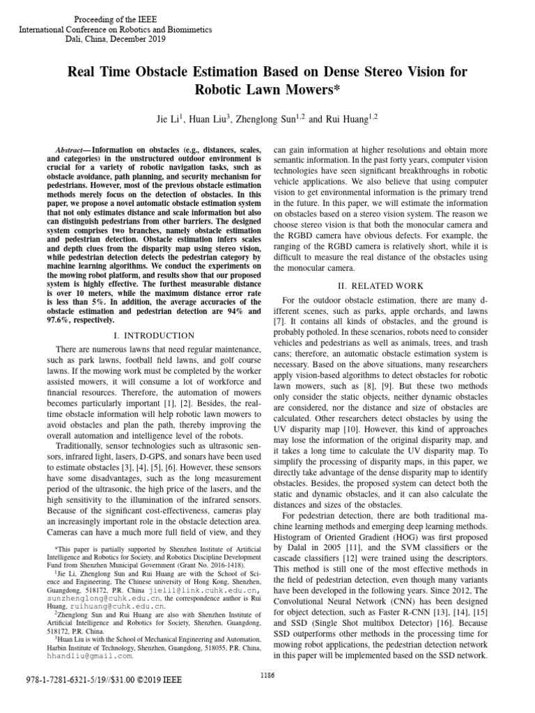Real Time Obstacle Estimation Based On Dense Stereo Vision For Robotic Lawn Mowers Pdf
