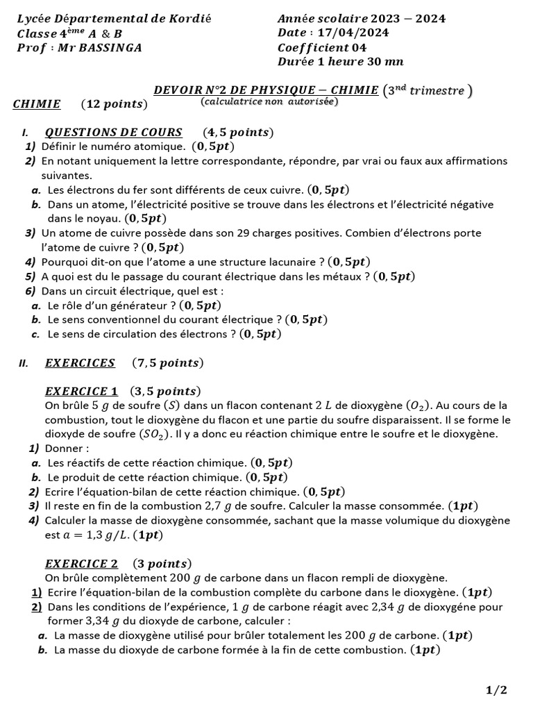 Devoir N°1 PC 4è 3è Trimestre | PDF