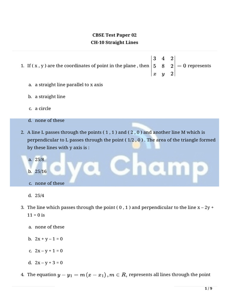 CBSE Test Paper 02 CH-10 Straight Lines | PDF