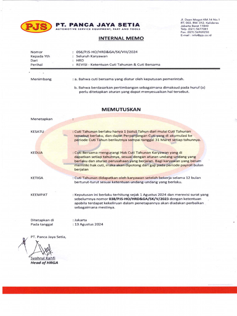 REVISI - Internal Memo Ketentuan Cuti Tahunan Dan Cuti Bersama | PDF